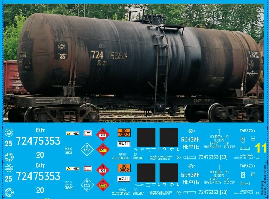 2Д-Декаль цистерна 15-Ц863 HO -Блок№11: Бензин Нефть Черный Котёл РФ HO М 1/87
