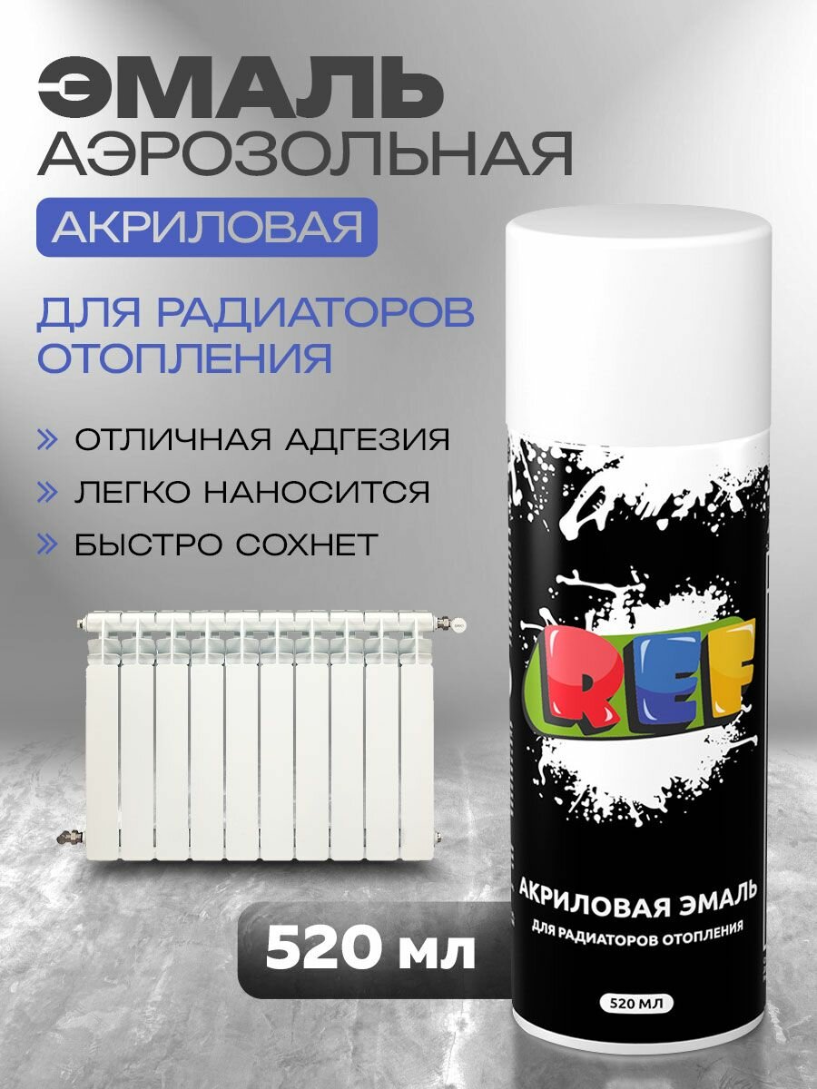 Акриловая краска термостойкая 90С 520 мл аэрозоль белая матовая / REF / эмаль быстросохнущая, для радиаторов отопления, батарей, металла, труб, внутренняя