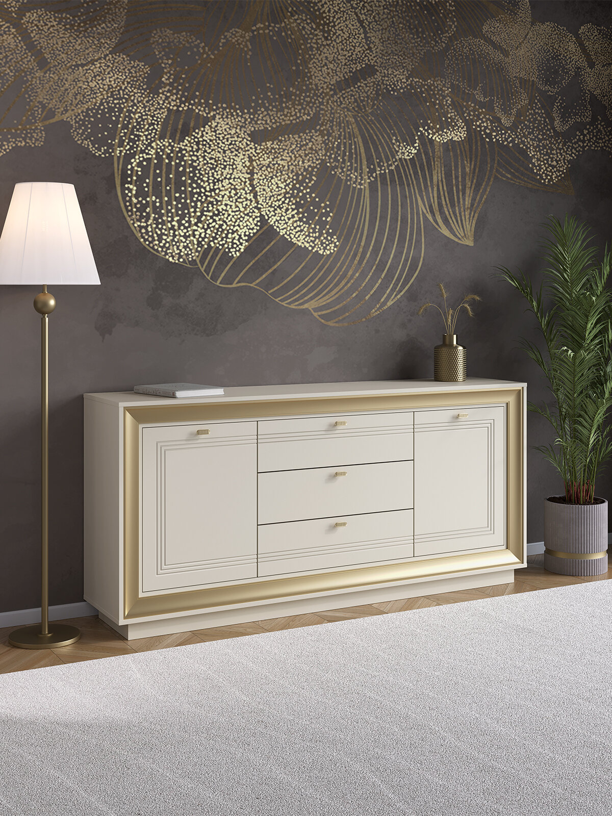 Комод большой Кураж Прато с ящиками и дверками, 180х42,6х84,8 бежевый