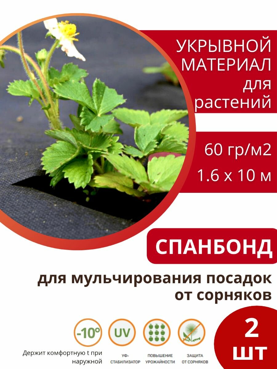 Укрывной материал Агротекс 60 1.6 х10 м с УФ, 2 шт спанбонд черный Благодатное земледелие