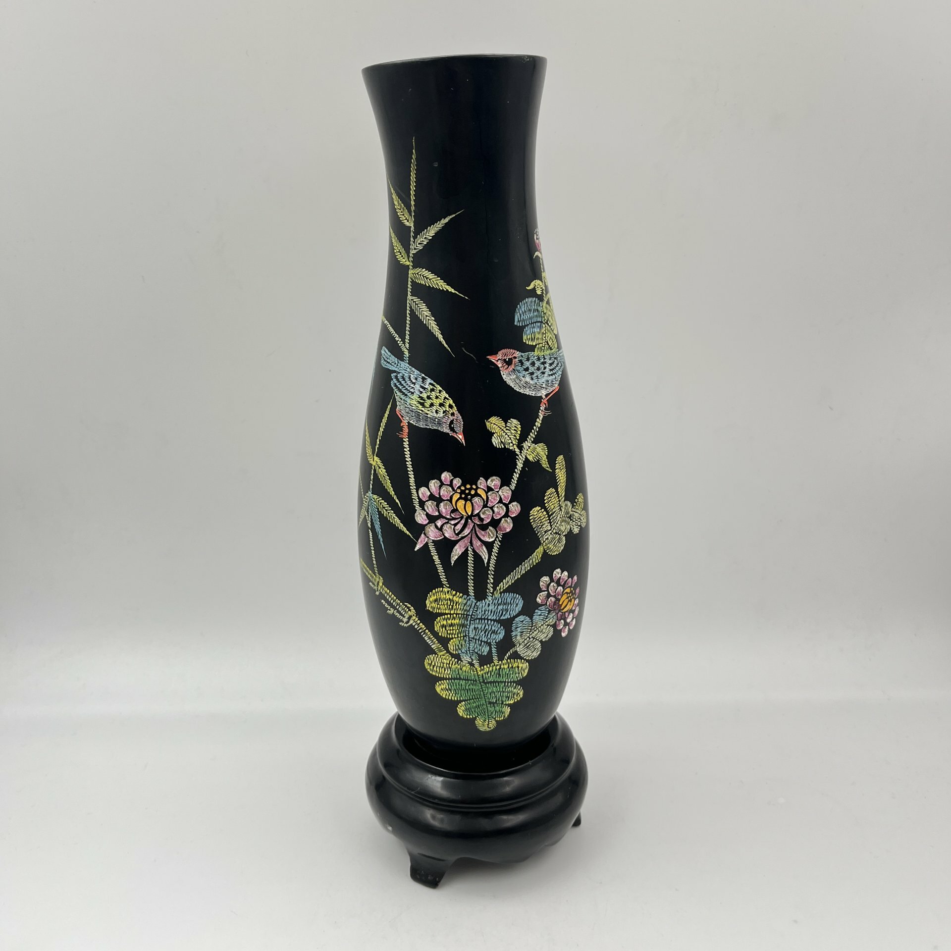 Ваза с декором в виде птиц на цветущих ветвях, папье-маше, резьба, роспись