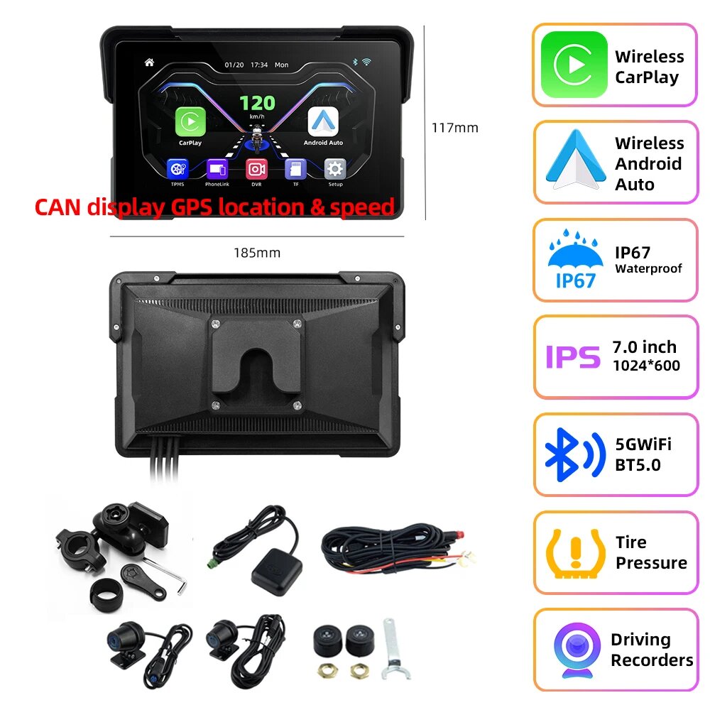 EKIY M7 7-дюймовый портативный мотоцикл, беспроводной CarPlay, Android, GPS-навигация, M7-DVR-TPMS