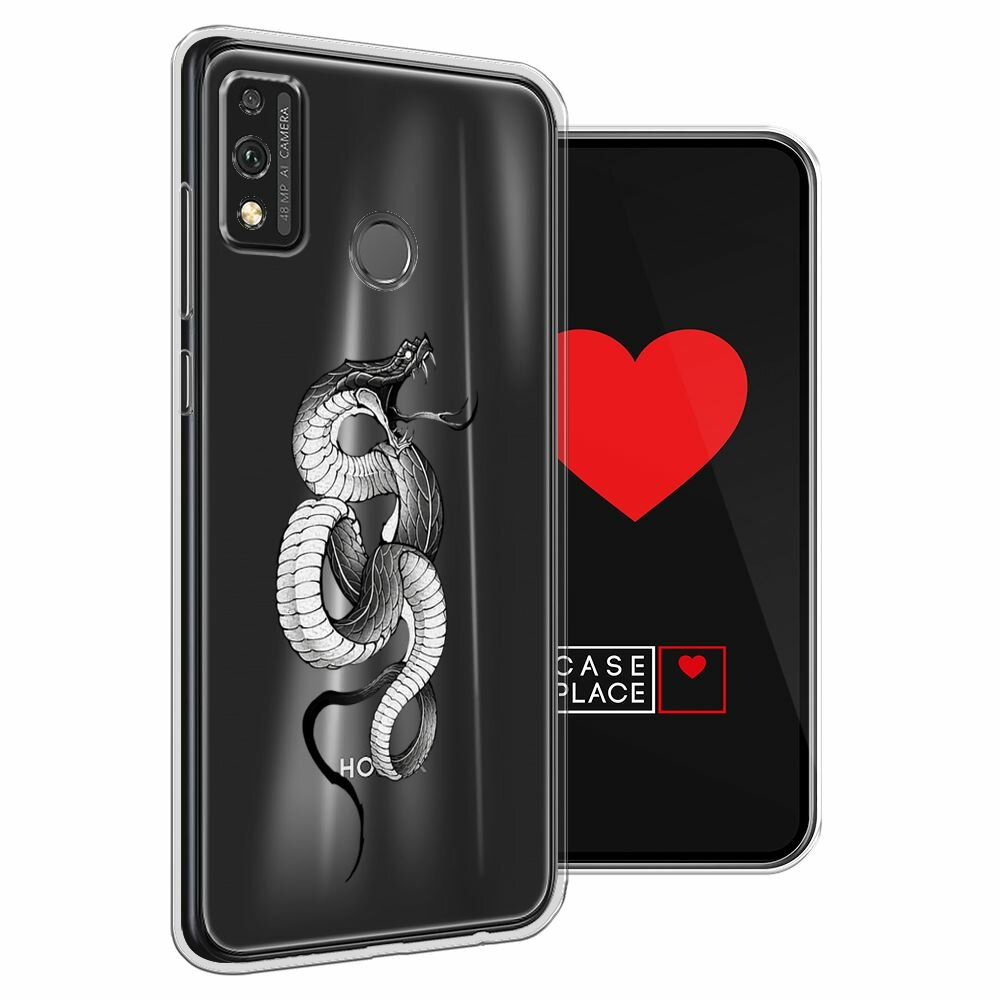 Чехол на Honor 9X Lite / Хонор 9X Лайт с принтом Монохромная змея рисунок, прозрачный — фото 1
