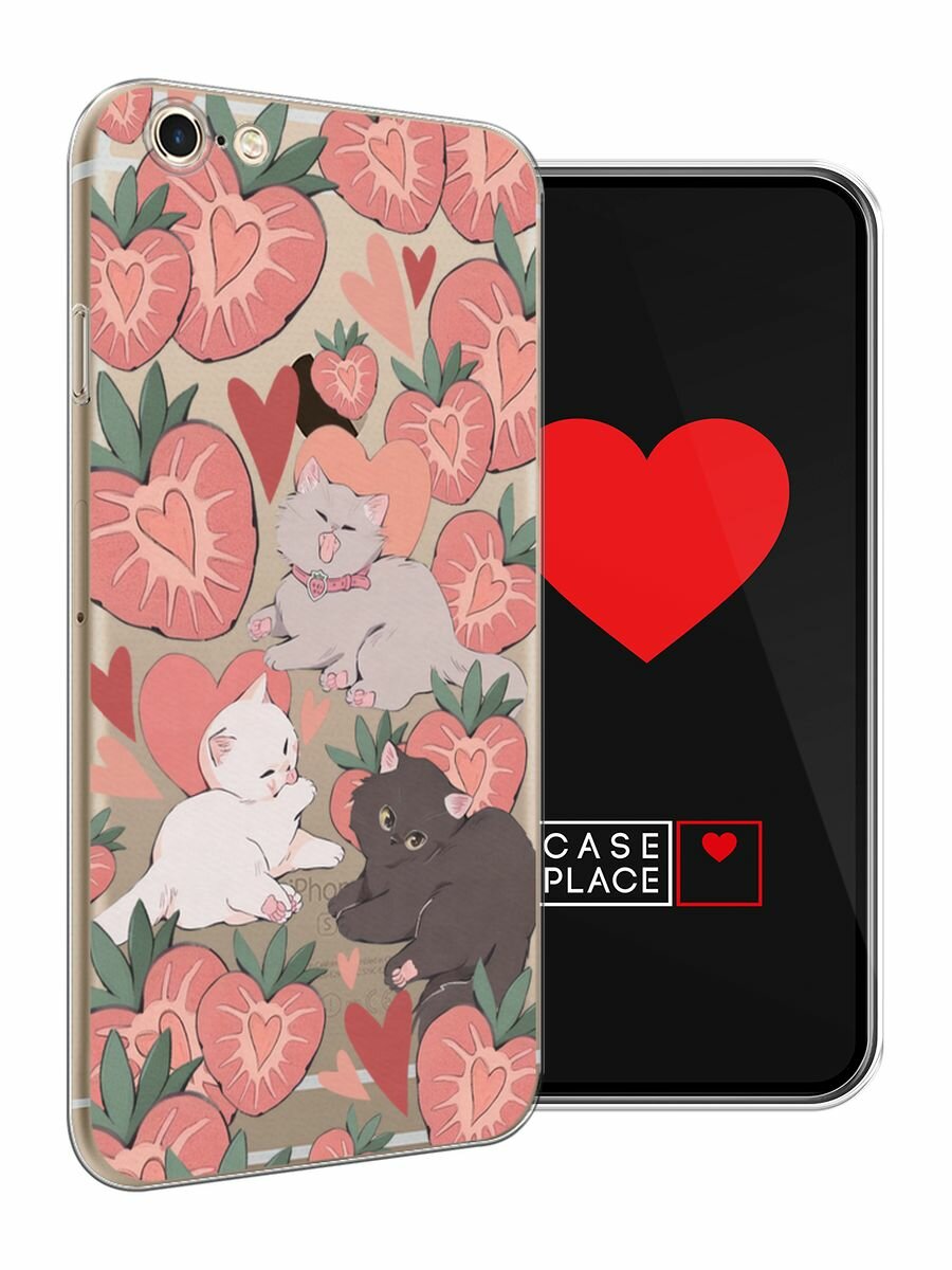 Чехол на Apple iPhone 6 Plus/6S Plus / Айфон 6 Плюс/Айфон 6С Плюс с принтом "Клубничные котики", прозрачный — фото 1