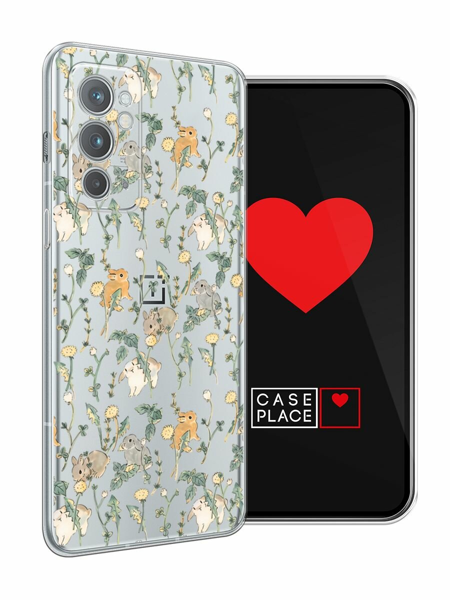 Чехол на OnePlus 9RT / ВанПлас 9RT с принтом "Кролики в одуванчиках", прозрачный — фото 1