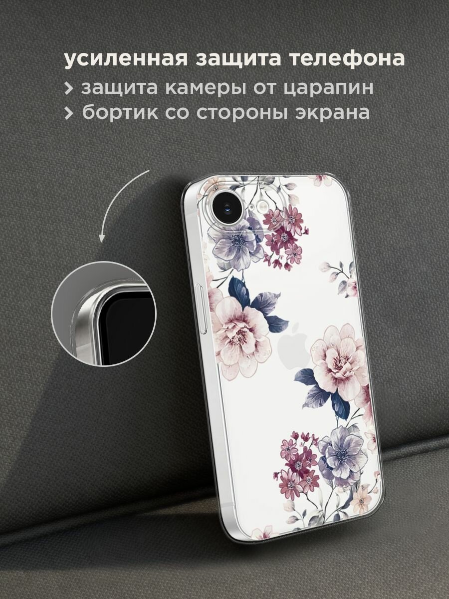 Чехол на Apple iPhone 16e/17e / Айфон 16е/17e с принтом "Нежные винтажные цветы", прозрачный — фото 1