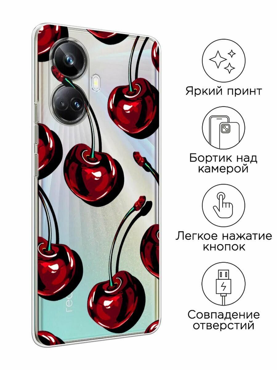 Чехол на Realme 10 Pro+ / Реалми 10 Про+ с принтом "Сочные черешни", прозрачный — фото 1
