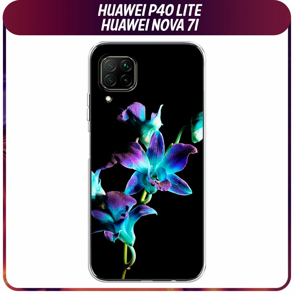 Чехол на Huawei P40 Lite/Nova 6 SE/Nova 7i / Хуавей P40 Lite/Нова 6 SE/Нова 7i с принтом "Синий цветок на черном"