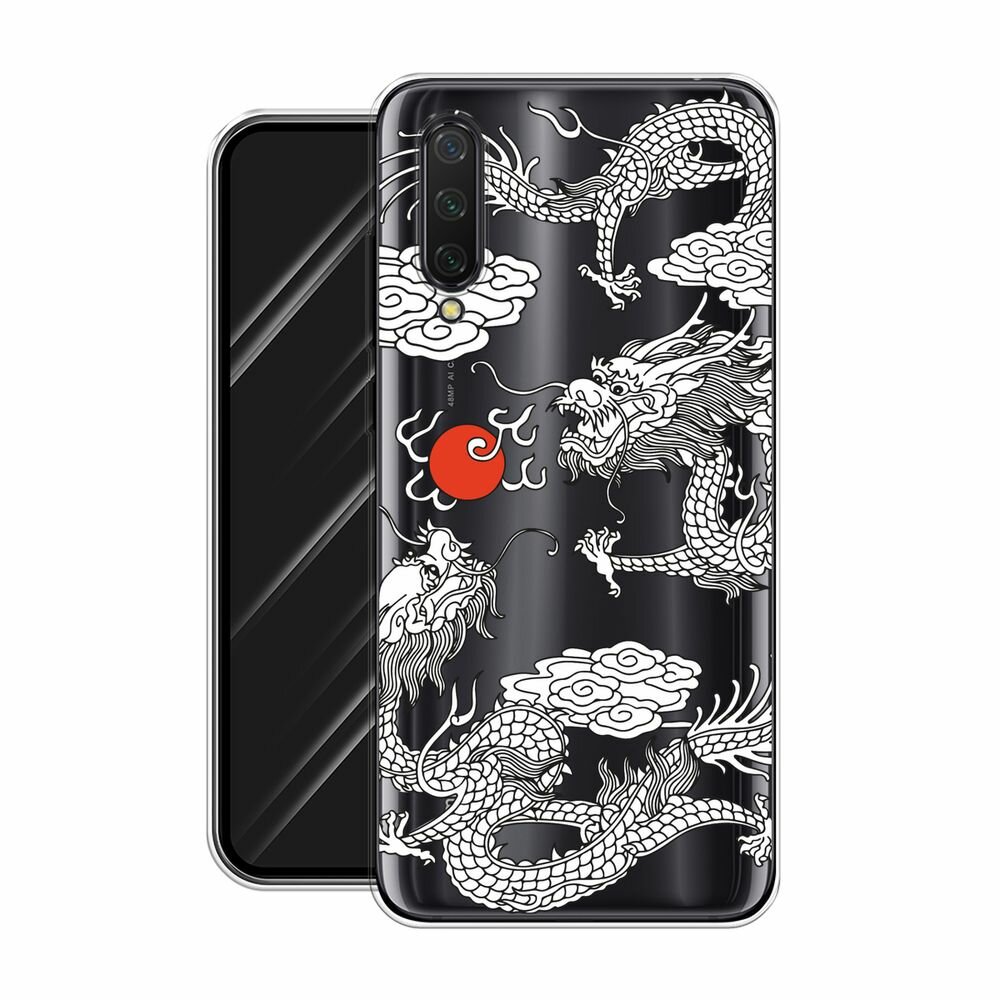 Чехол на Xiaomi Mi CC9/A3 Lite/9 Lite / Сяоми Mi CC9/A3 Lite/9 Lite с принтом "Драконы и Солнце", прозрачный — фото 1