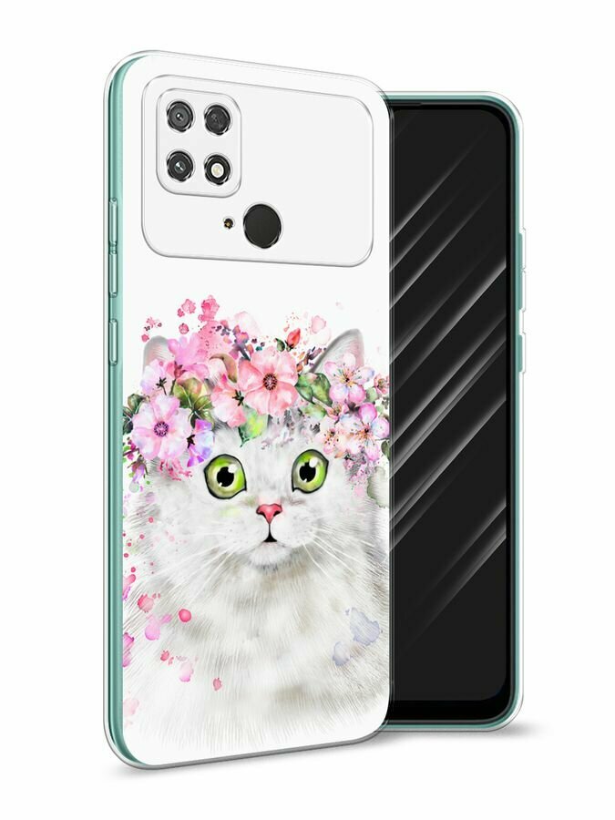 Чехол на Xiaomi Poco C40 / Сяоми Поко C40 с принтом Белая кошка с цветами