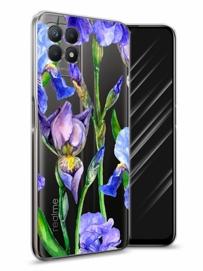 Чехол на Realme 8i / Реалми 8i с принтом "Синие ирисы", прозрачный