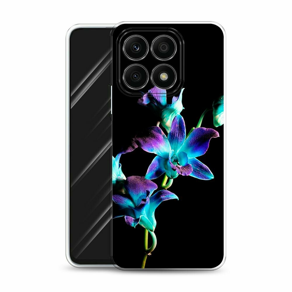 Чехол на Honor X8A / Хонор X8A с принтом "Синий цветок на черном" — фото 1