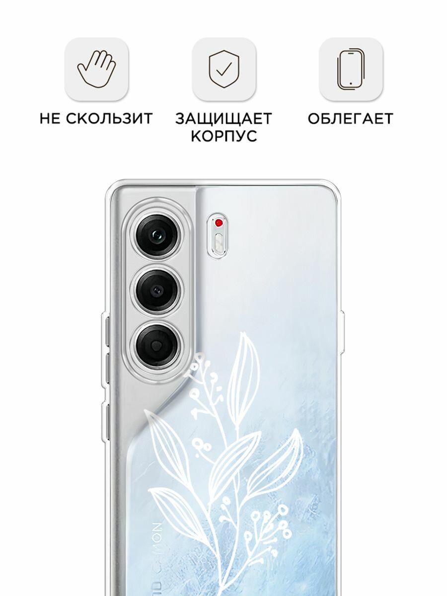 Чехол на Tecno Camon 40 Pro / Текно Камон 40 Про с принтом "Ветка с листочками и цветами", прозрачный — фото 1
