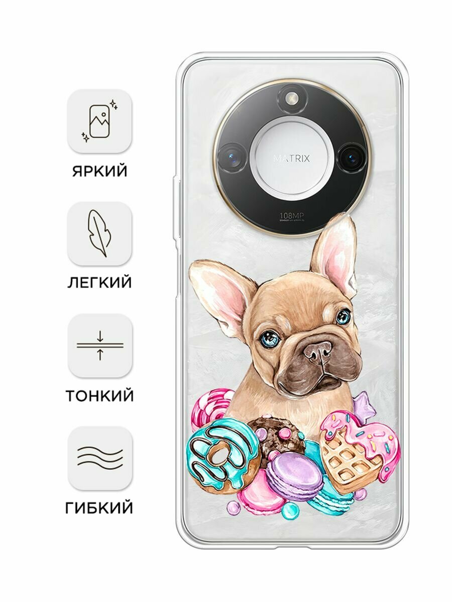 Чехол на Honor X9c Smart / Хонор X9c Смарт с принтом "Бульдог и сладости", прозрачный — фото 1