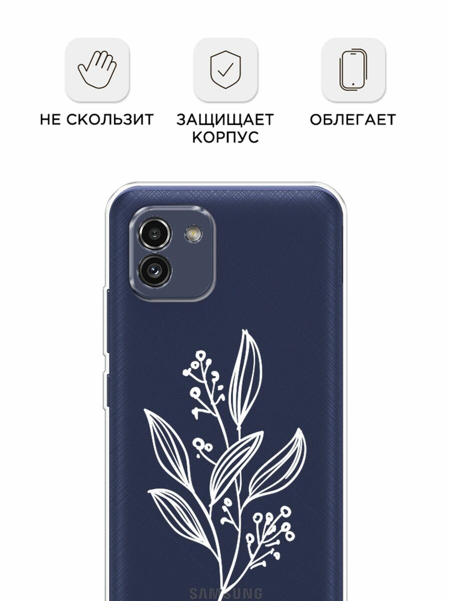 Чехол на Samsung Galaxy A03 / Самсунг Галакси А03 с принтом "Ветка с листочками и цветами", прозрачный — фото 1