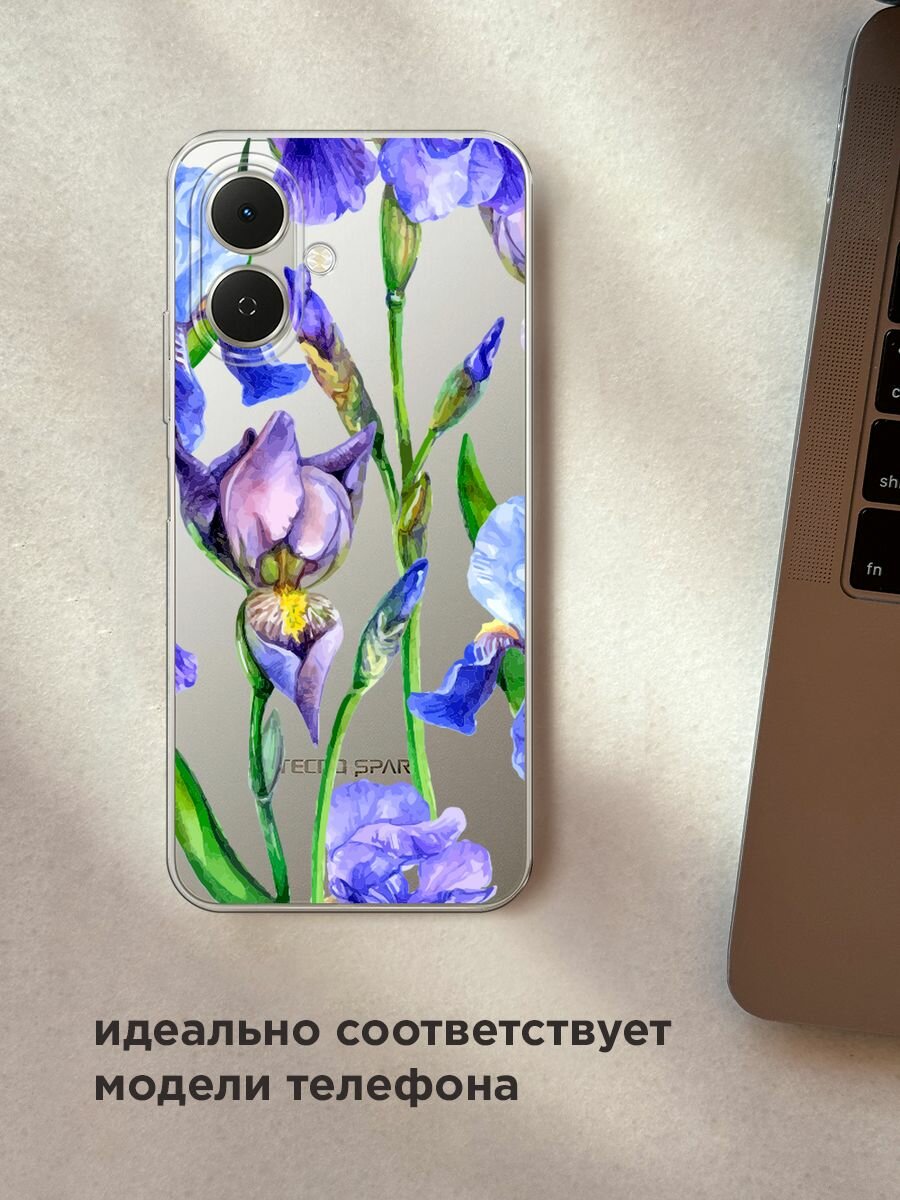 Чехол на Tecno Spark Go 2 / Текно Спарк Го 2 с принтом "Синие ирисы", прозрачный — фото 1