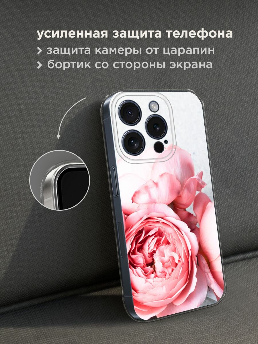 Чехол на Apple iPhone 15 Pro / Айфон 15 Про с принтом "Пионы на белом" — фото 1