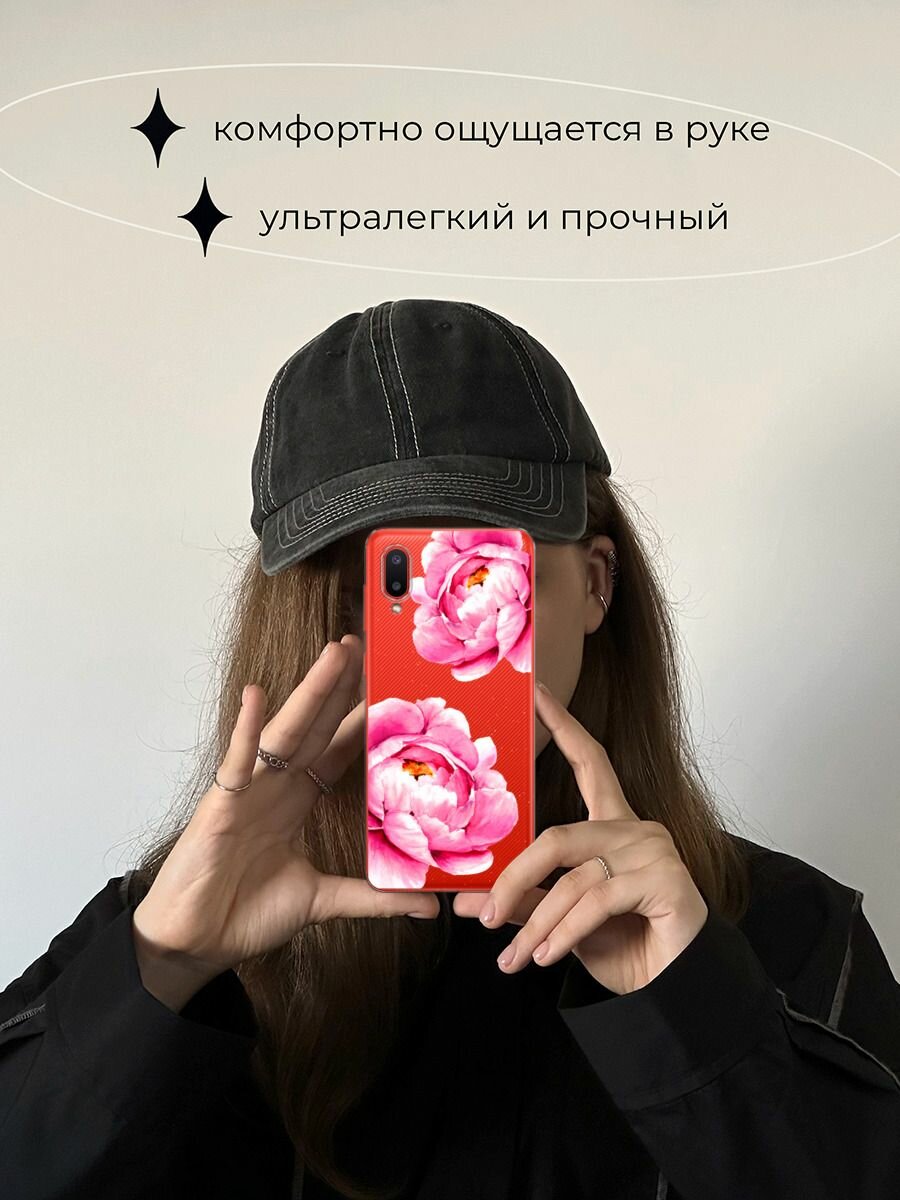 Чехол на Samsung Galaxy A02 / Самсунг Галакси А02 с принтом "Open peonies", прозрачный — фото 1