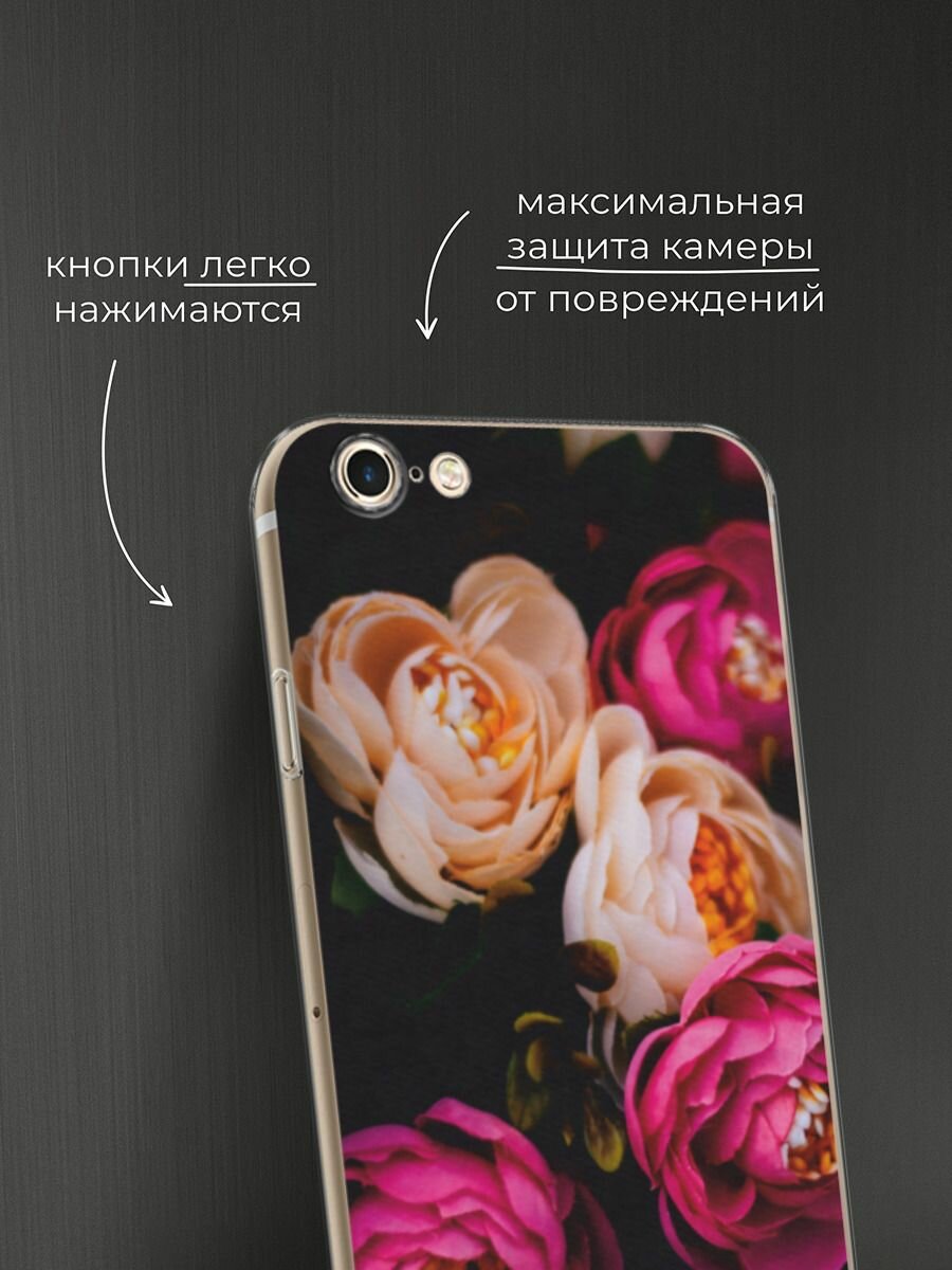 Чехол на Apple iPhone 6 Plus/6S Plus / Айфон 6 Плюс/Айфон 6С Плюс с принтом "Розовые пионы на черном" — фото 1