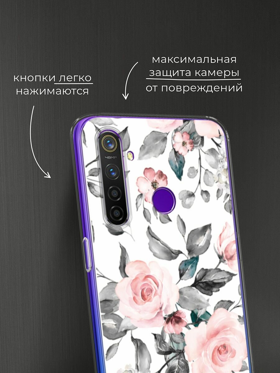 Чехол на Realme 5 Pro / Реалми 5 Про с принтом "Розы на белом" — фото 1