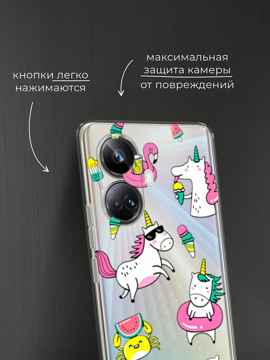 Чехол на Realme 10 Pro+ / Реалми 10 Про+ с принтом "Единороги в отпуске", прозрачный — фото 1