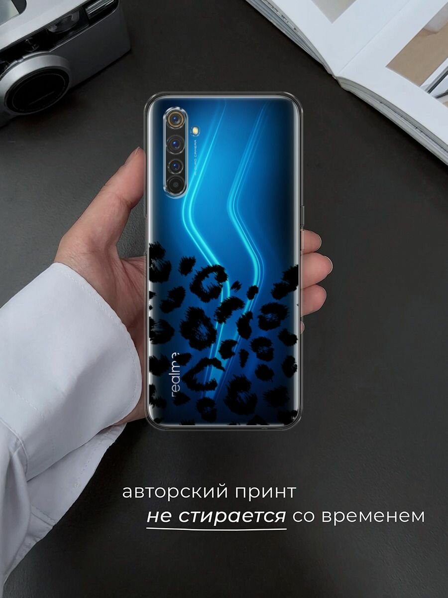Чехол на Realme 6 Pro / Реалми 6 Про с принтом "Окрас леопарда фон черный", прозрачный — фото 1