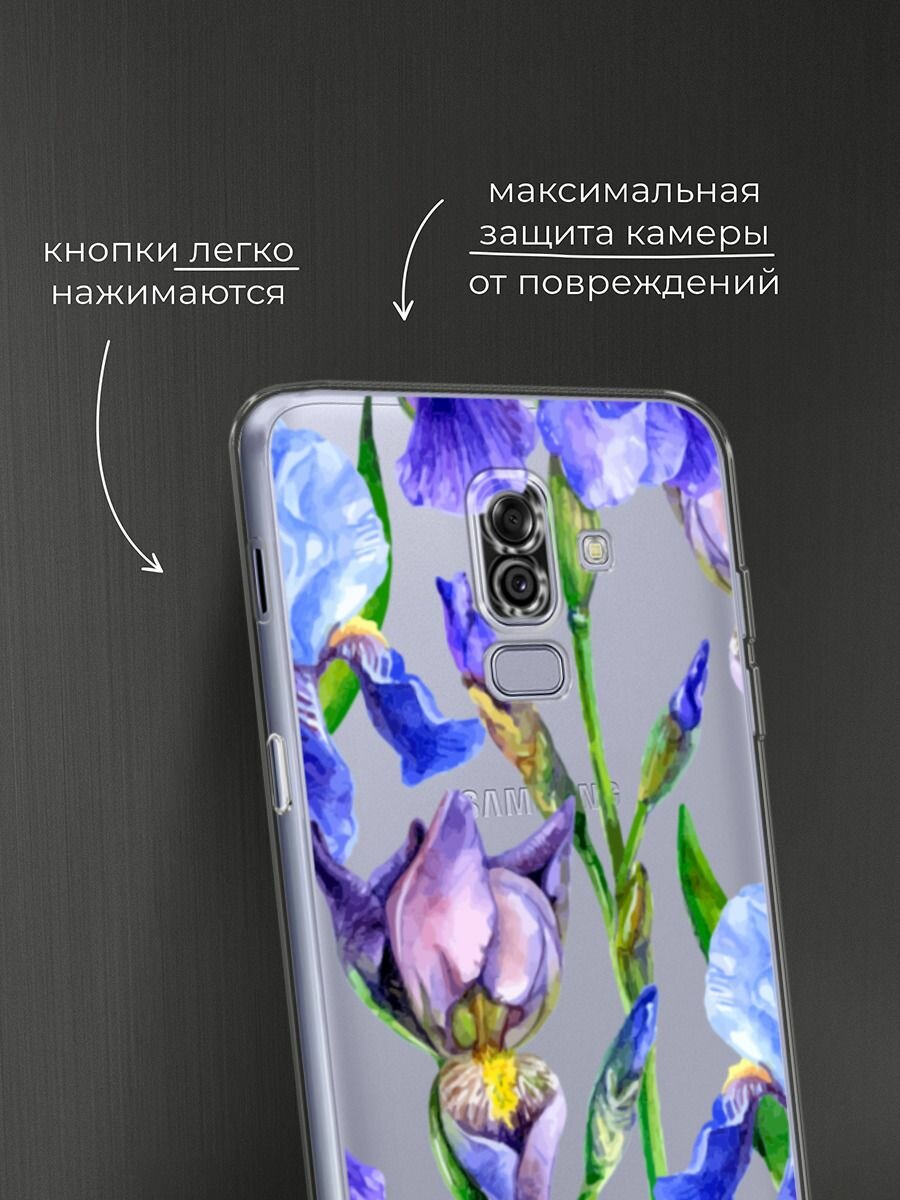Чехол на Samsung Galaxy J8 / Самсунг Галакси Джей 8 с принтом "Синие ирисы", прозрачный — фото 1