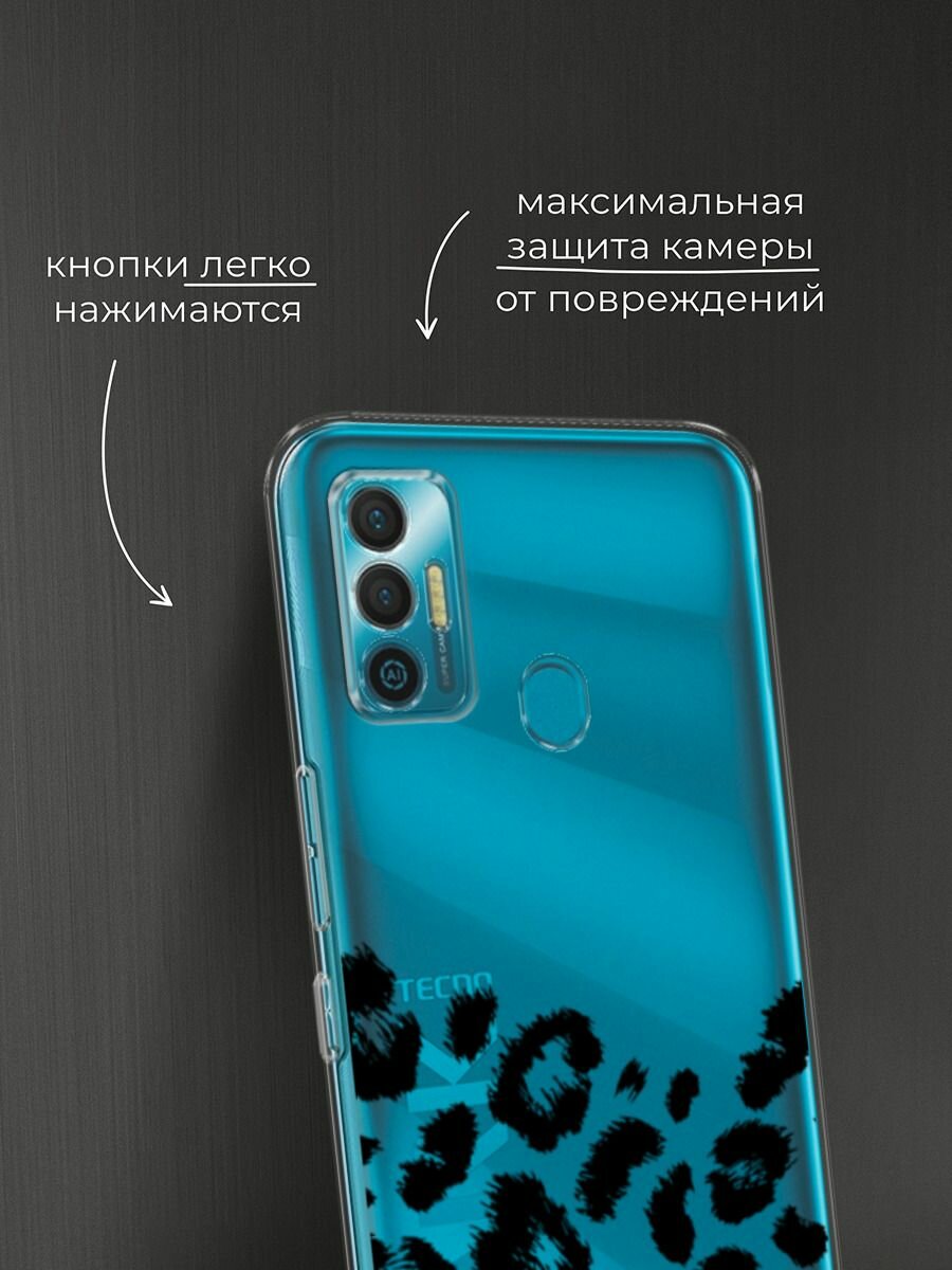 Чехол на Tecno Spark 7 / Техно Спарк 7 с принтом "Окрас леопарда фон черный", прозрачный — фото 1