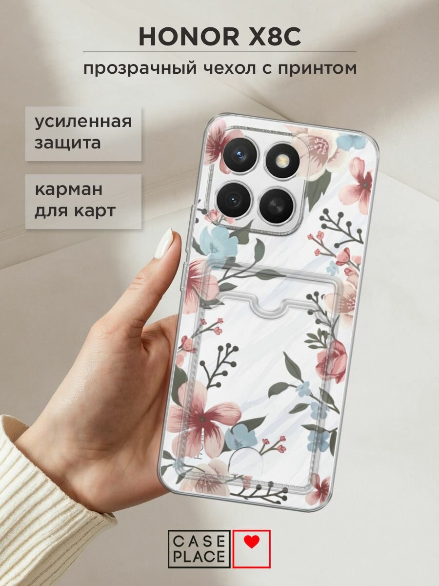 Чехол на Honor X8c (Хонор X8c) с картой и принтом "Нежная рамка из цветов"