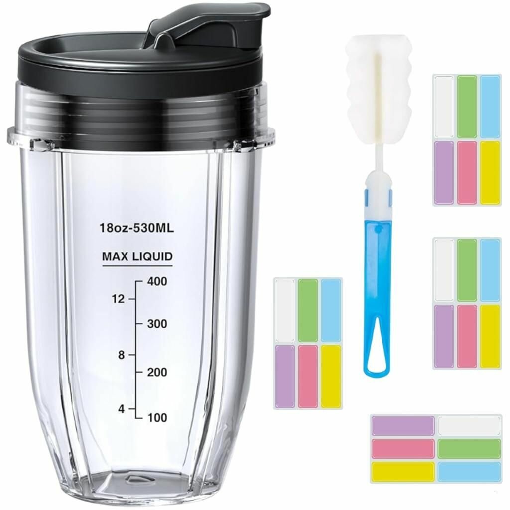 Непроливающиеся чаши для блендера с этикетками и щеткой для чистки, безопасные для посудомоечной машины, - Набор 18 унций
