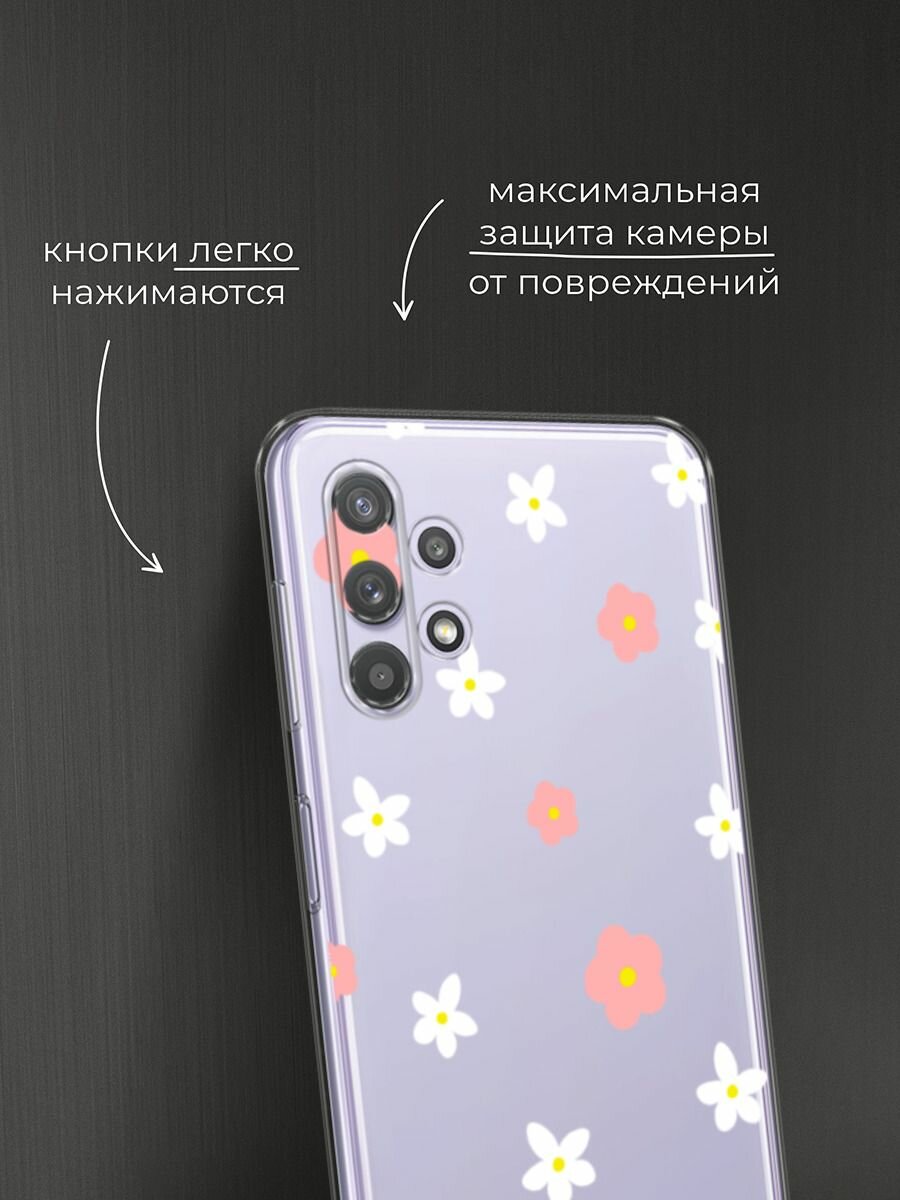 Чехол на Samsung Galaxy A32 / Самсунг Галакси А32 с принтом "Розовые и белые цветы", прозрачный — фото 1