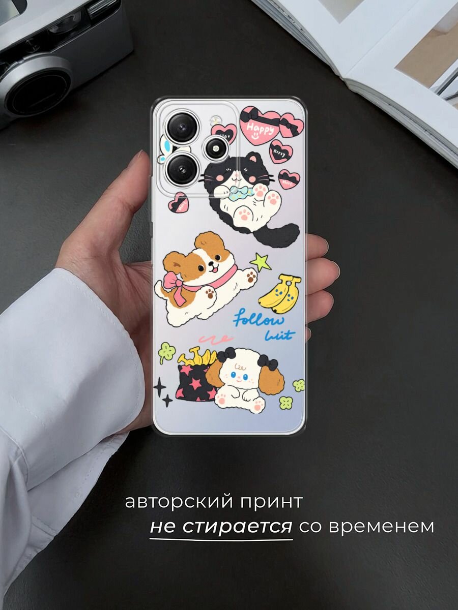 Чехол на Xiaomi Redmi 12 / Сяоми Редми 12 с принтом "Кудрявые животные", прозрачный — фото 1