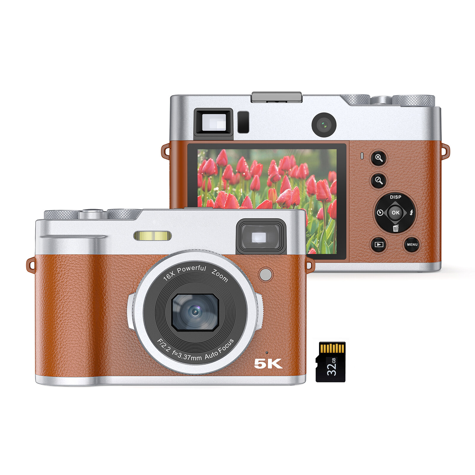 Портативная цифровая камера 5K видео камера 48MP двойные объективы экран IPS 2.8 дюйма 16X цифровой зум автофокус антидрожжение встроенная батарея с картой памяти 32GB черный коричневый