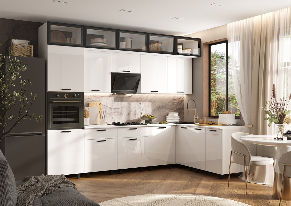 Кухня Техно 3,0х1,8 Компоновка №8 (Белый глянец, Белый (Антарес))