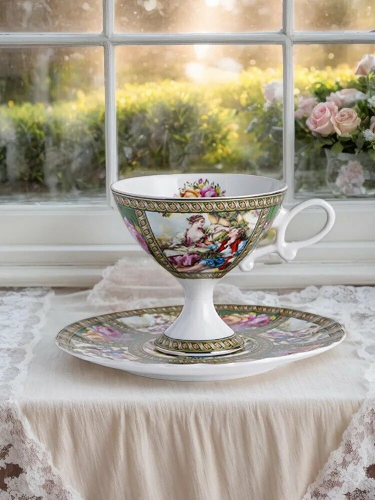 Чайная, кофейная пара "(Высокая ножка - чашка с голубой розой) Маленькая талия - Набор кофейных чашек и блюдец" 180 мл на 1 перс.