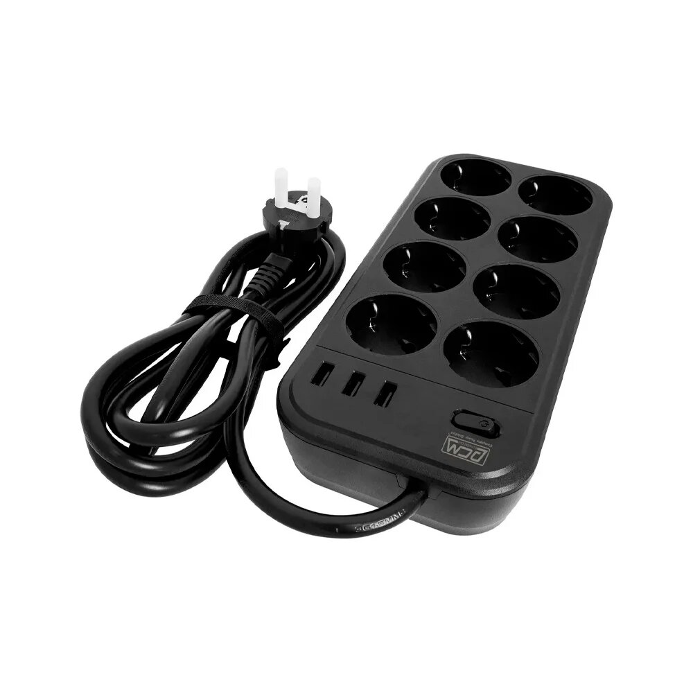 Сетевой фильтр POWERCOM SP-08 USB03AB 1,8 m, 8 розеток, черный, коробка 1928702 — фото 1