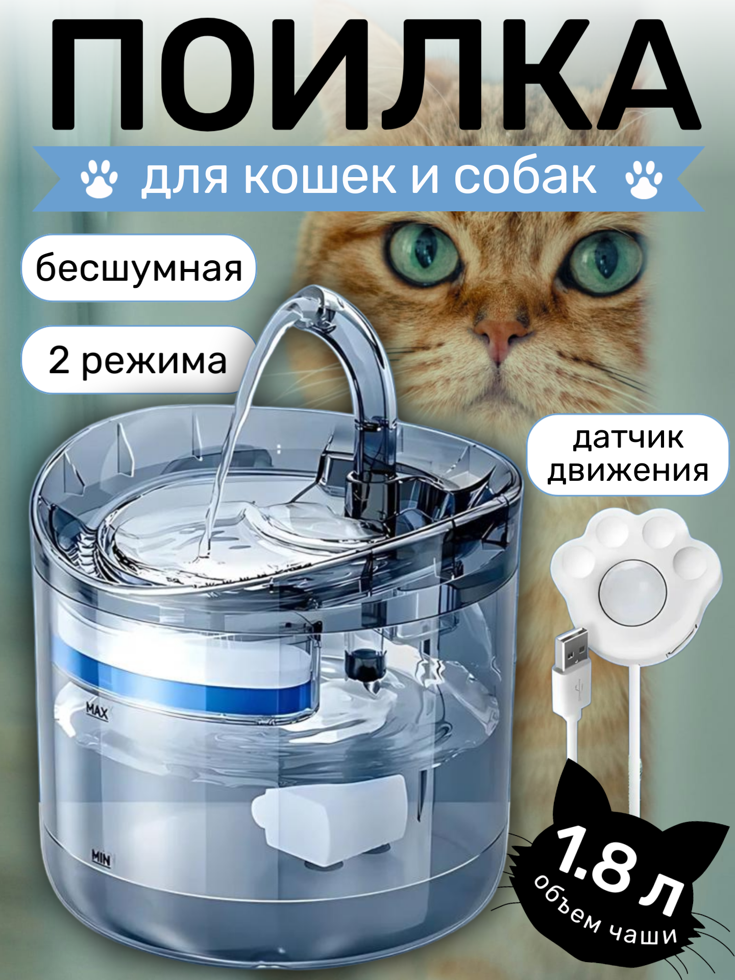 Поилка для кошек 1,8 л. Фонтанчик для кошек и собак питьевой. Умная поилка автоматическая с датчиком движения