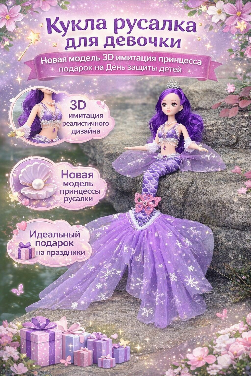Фиолетовая кукла-русалка для девочки