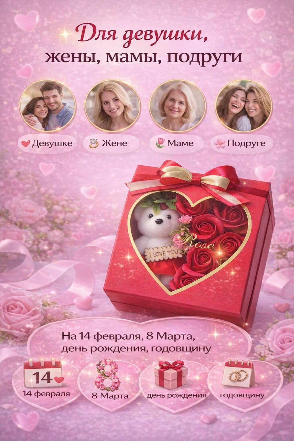 Подарочный набор мишка и мыльные розы, подарок женщине, девушке, на день влюблённых