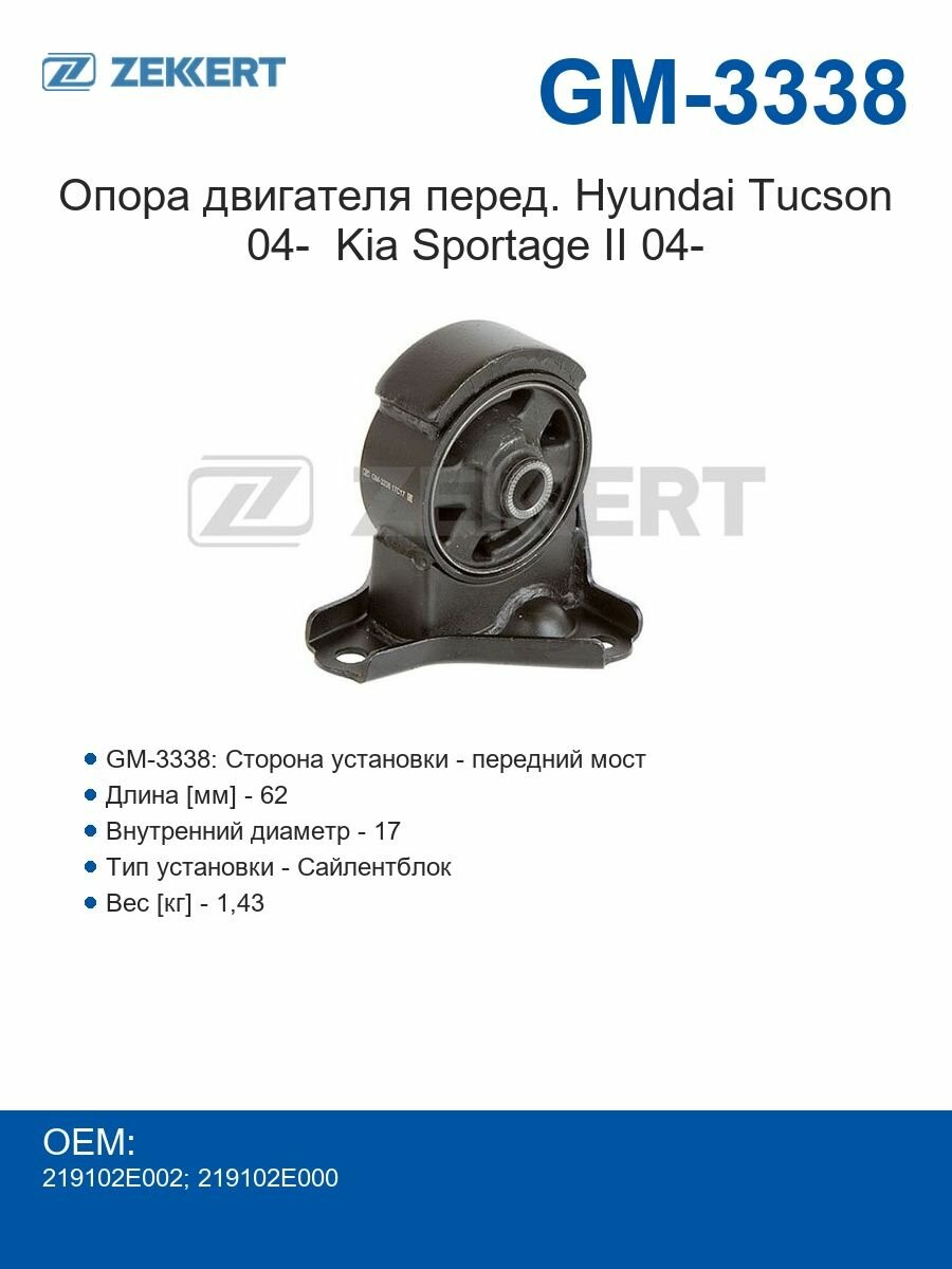 Zekkert Опора двигателя передняя Hyundai Tucson с 2004 года Kia Sportage II с 2004 года