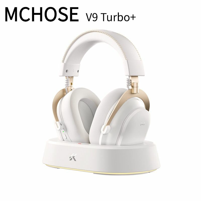 MCHOSE V9 Turbo+ Беспроводные игровые наушники (Bluetooth/2.4G/USB-C), 2000mAh Емкость аккумулятора, С микрофоном, RGB-подсветка-белый-золотой-Наушники