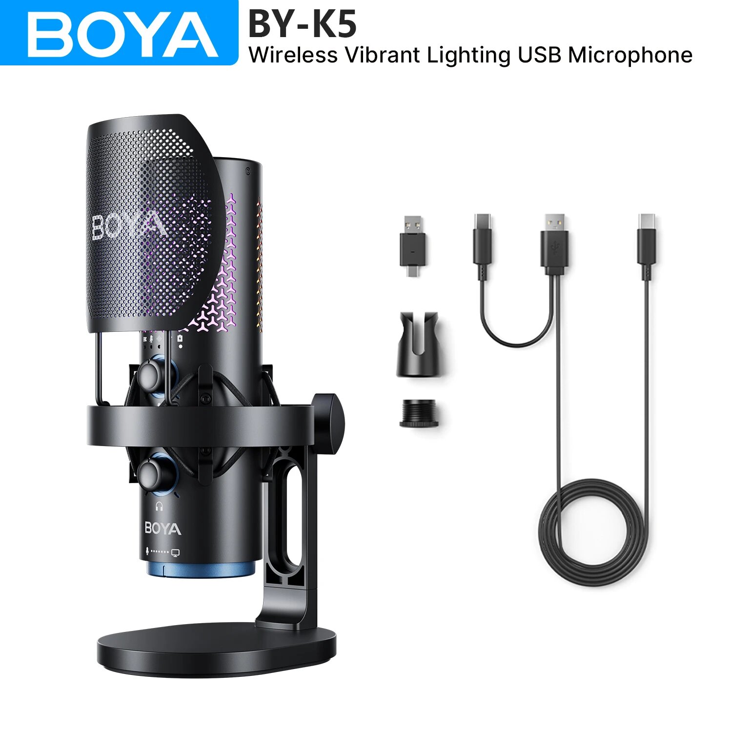 BOYA K5 USB-микрофон для игровой прямой трансляции на ПК Mac, разъем для наушников/кнопка сенсорного отключения звука/RGB/AI шумоподавление/контроль дождя