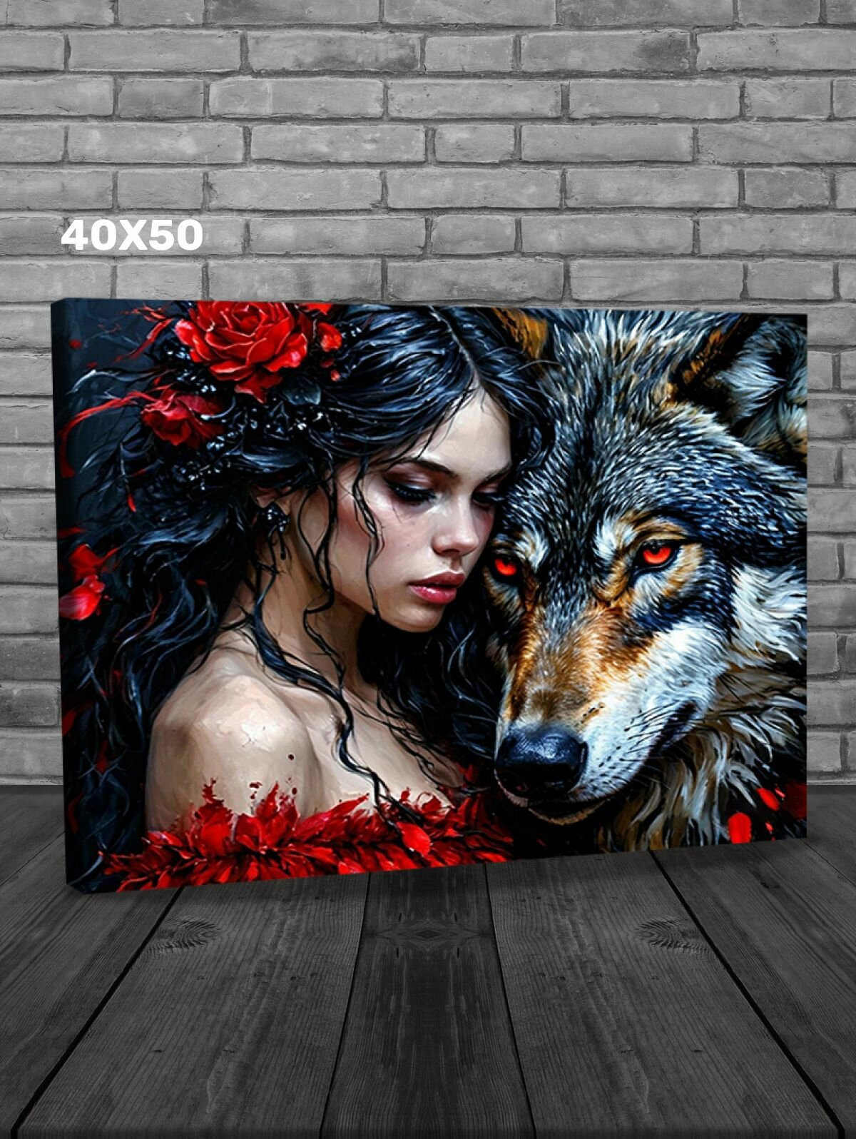 Картина на стену интерьерная 50х40 Девушка с волком