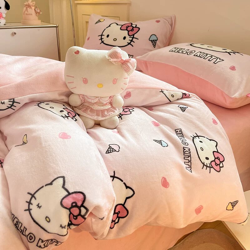 Комплект постельного белья из четырех предметов KT Cat Winter Milk Velvet, двусторонний коралловый велюр Sanrio,