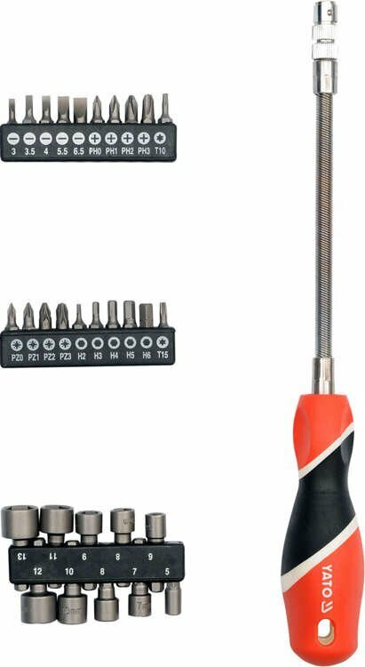 Отвертка YATO гибкая 215 мм. с битами PH, PZ, H, TORX, 31 предмет, биты сталь S2, головки CrV, YT-25972