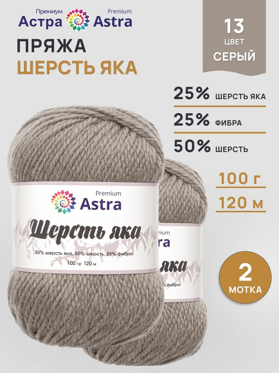 Пряжа для вязания Astra Premium 'Шерсть яка' 100г, 120м (шерсть яка, шерсть, фибра) (13 серый), 2 мотка