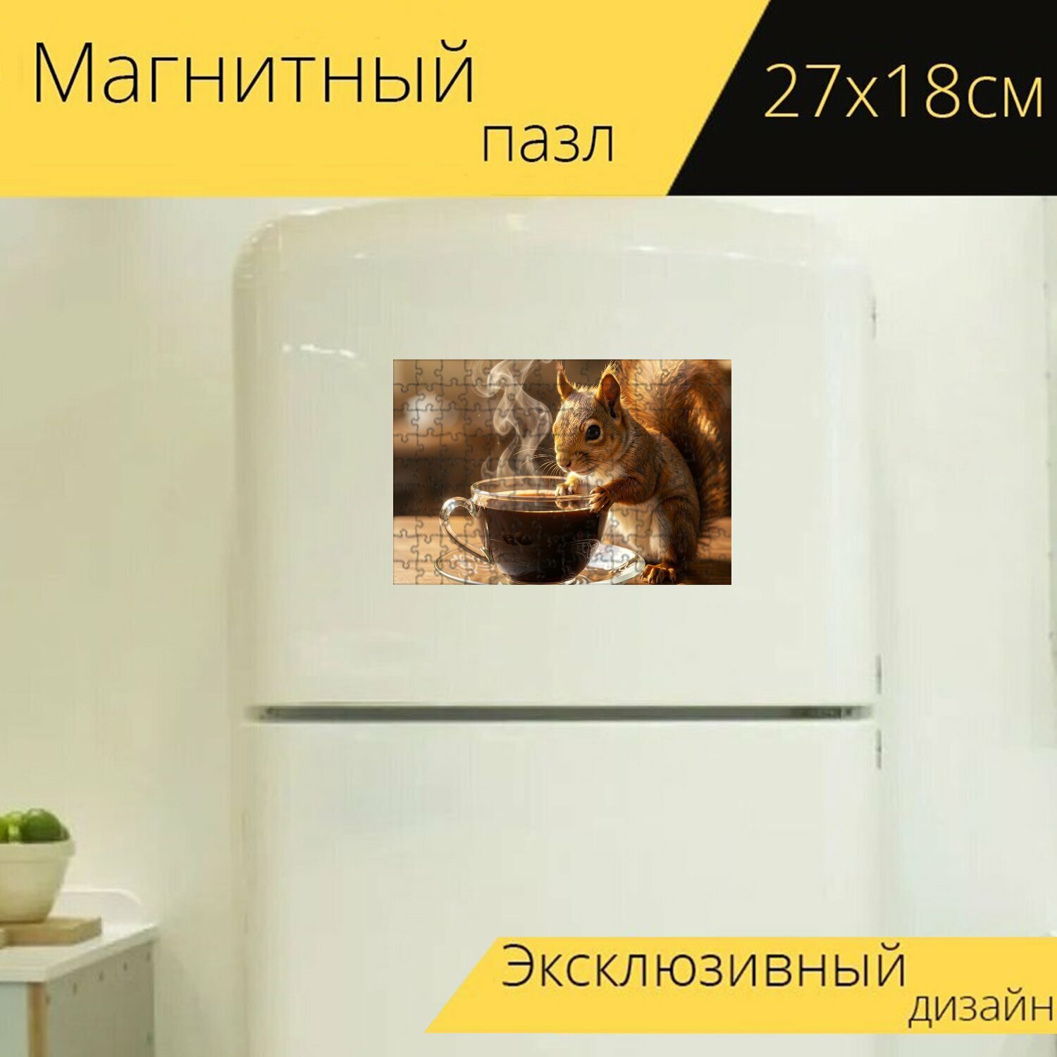 Магнитный пазл "Белка у горячего чая. Милый рыжий грызун с пушистым хвостом сидит у стеклянной посуды с горячим напитком, вокруг орехи, тёплый свет." на холодильник 27 x 18 см.