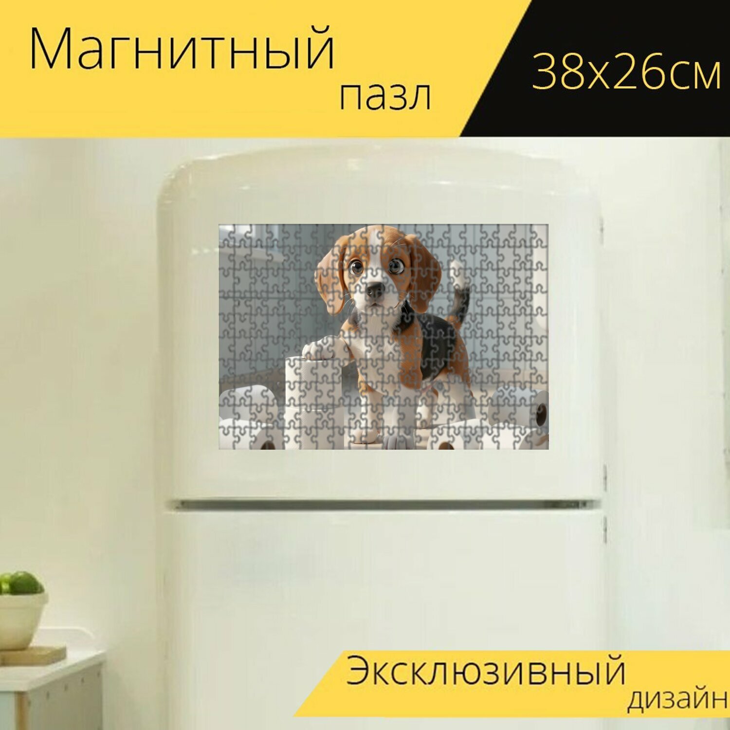 Магнитный пазл "Милый бигль в ванной. Трогательный триколорный песик с большими глазами стоит среди мягких белых цилиндров в светлом интерьере; нежные." для интерьера, 38х26 см.