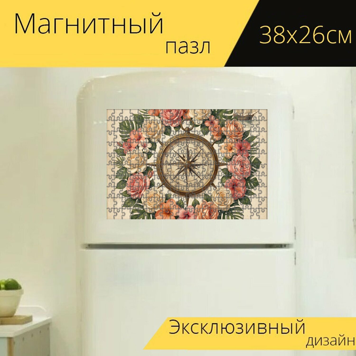Магнитный пазл "Компас в цветочном венке. Старинный морской ориентир в окружении роз, кремовых и персиковых цветов, тропических листьев и бежевого фона." для интерьера, 38х26 см.