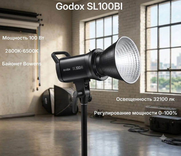 Осветитель студийный Godox SL100BI, светодиодный, мощность 100 Вт, регулировка мощности, цвет 2800-6500K